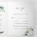 QR Code Evergreen & Cotton Flower Bouquet Wedding Tri-Fold Invitation ...