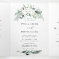 QR Code Evergreen & Cotton Flower Bouquet Wedding Tri-Fold Invitation ...