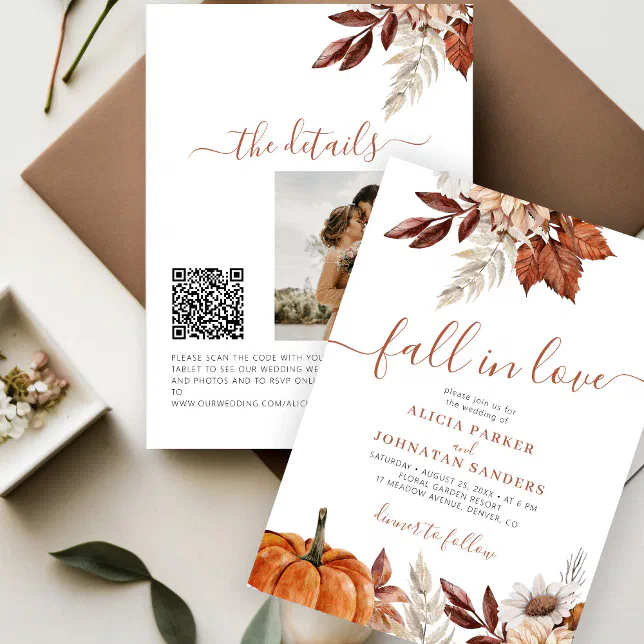 QR code Fall in Love botanical pumpkin wedding Invitation | Zazzle