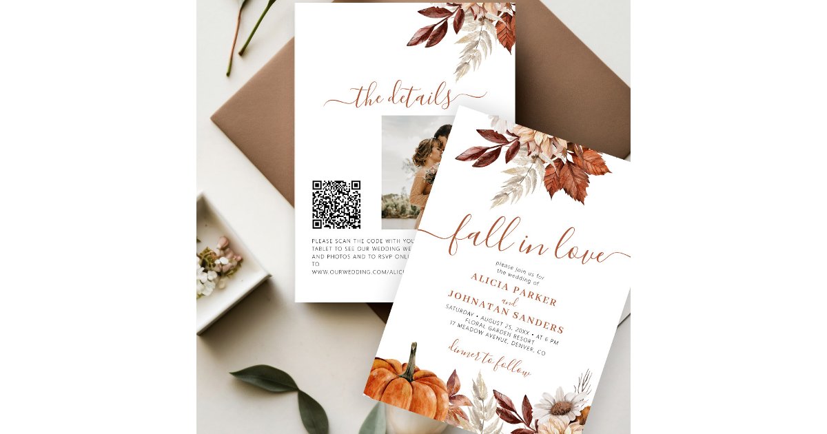 QR code Fall in Love botanical pumpkin wedding Invitation | Zazzle