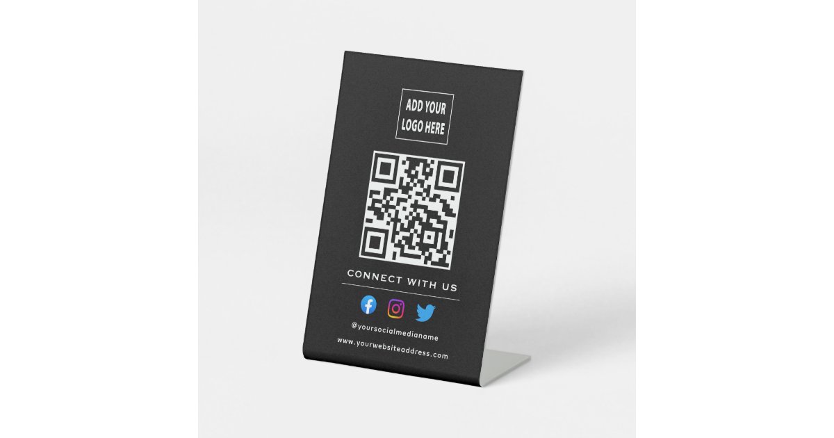 QR Code Follow Scan To Connect With Us Black White Pedestal Sign | Zazzle