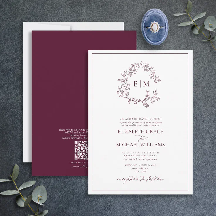 QR Code Formal Burgundy Leafy Crest Monogram Invitation | Zazzle