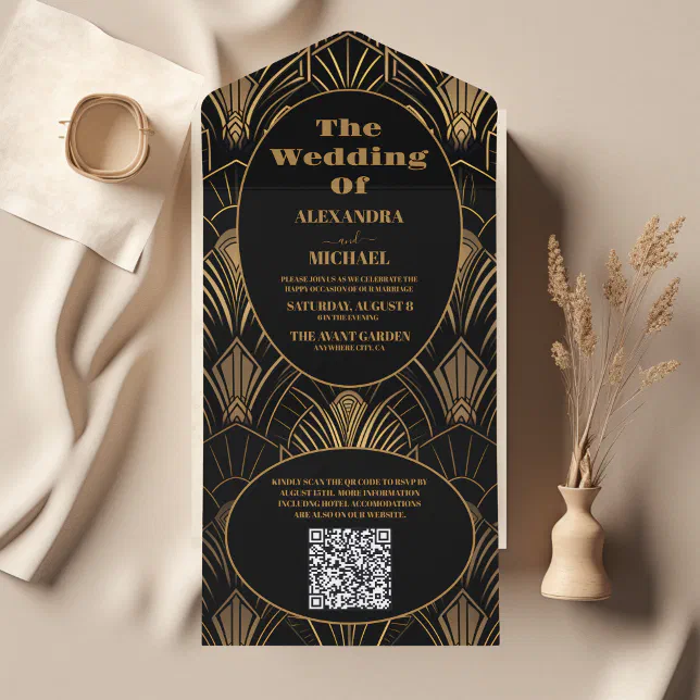 QR Code Geometric Art Deco Wedding All In One Invitation | Zazzle