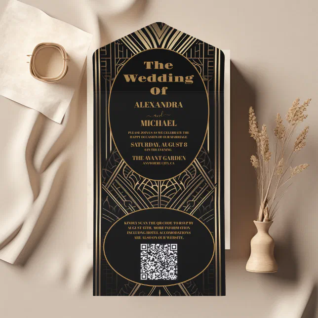QR Code Geometric Art Deco Wedding All In One Invitation | Zazzle