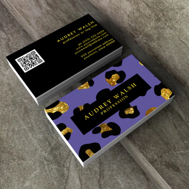 QR CODE Glam Glitter Purple Leopard print Luxury Business Card | Zazzle