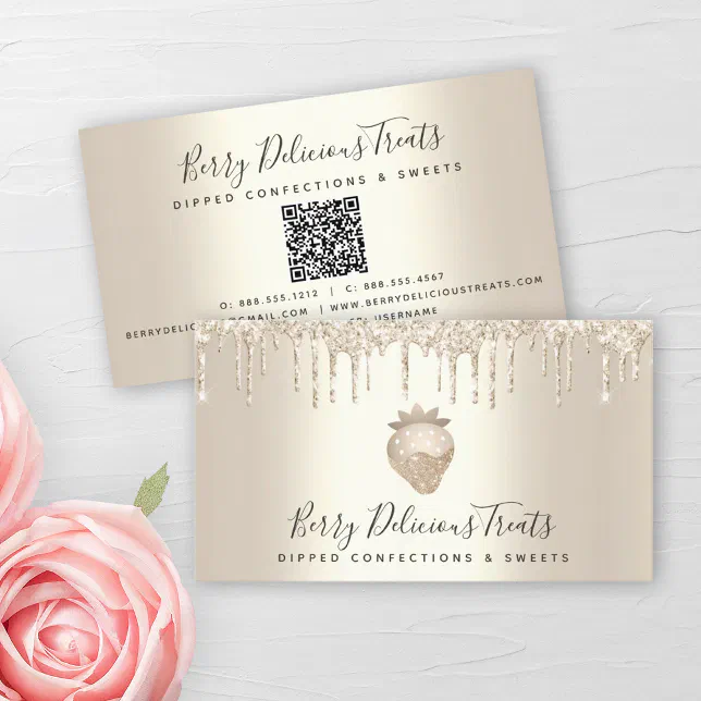 QR Code Gold Drips Strawberry Confection Dessert Business Card | Zazzle
