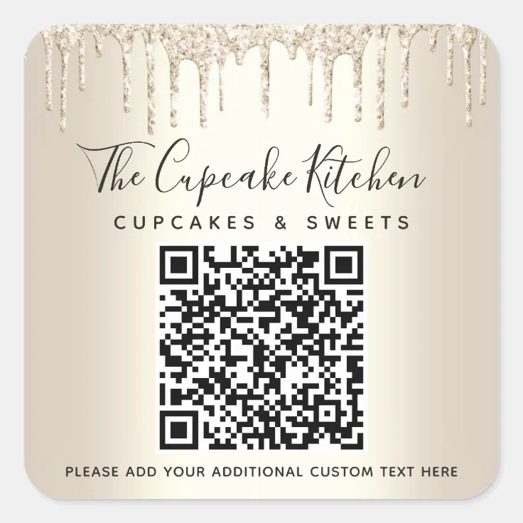 QR Code Gold Glitter Drips Business Name Modern Square Sticker | Zazzle