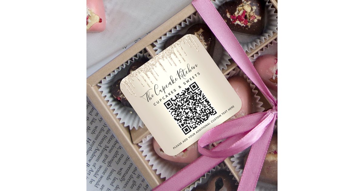 QR Code Gold Glitter Drips Business Name Modern Square Sticker | Zazzle