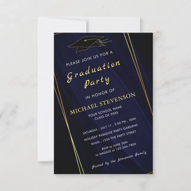 QR Code Gold Navy Blue Graduation Invitation Card | Zazzle
