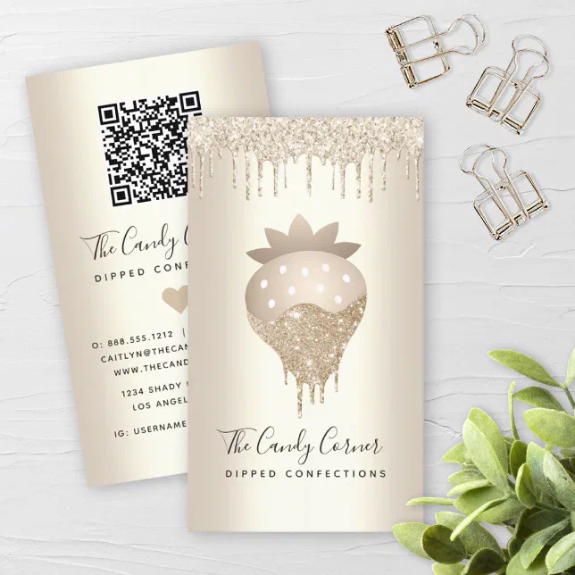 QR Code Gold Strawberry Drips Confection Sweets Business Card | Zazzle