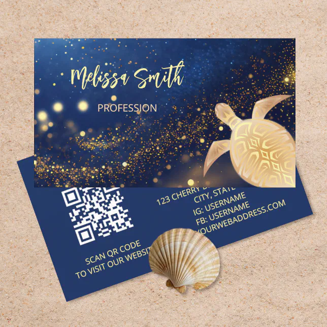 QR Code | Gold Tribal Turtle Blue Business Card | Zazzle