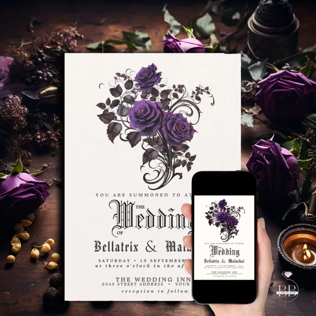 QR Code Gothic Deep Amethyst Purple Roses Invitation | Zazzle