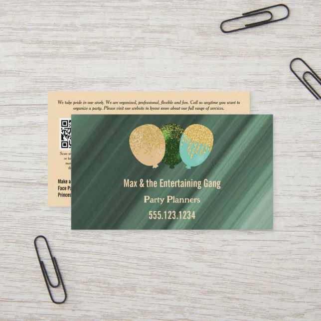 QR Code & Green Glitter Balloons Party Planner Business Card | Zazzle
