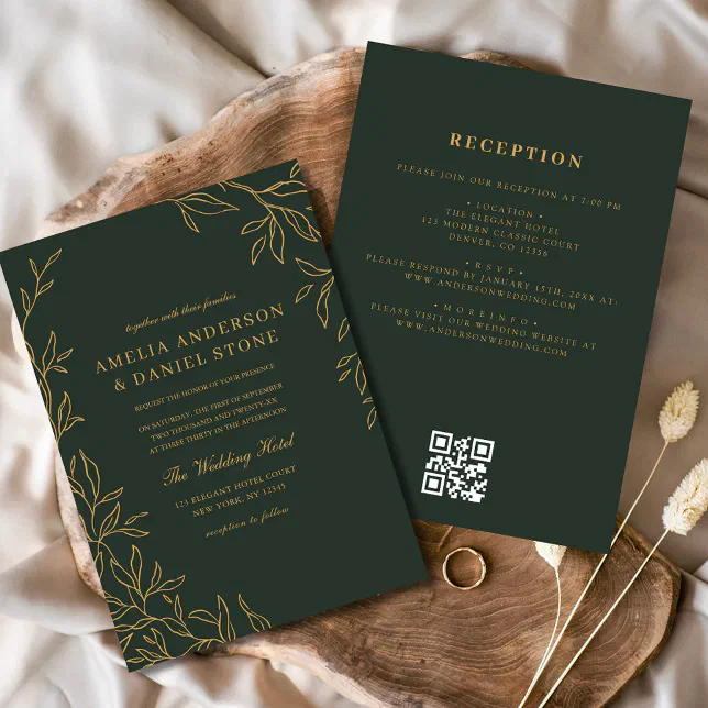 QR Code Green Gold Minimal Leaf Wedding Invitation | Zazzle