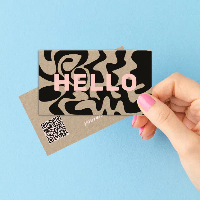 QR Code Groovy Black Light Pink Kraft Business Card | Zazzle
