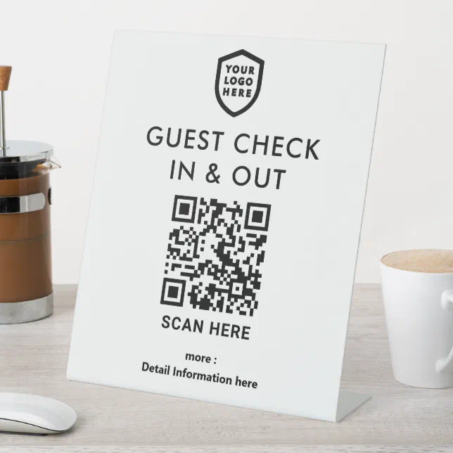 QR Code Guest Check In & Out | White Business Logo Pedestal Sign | Zazzle