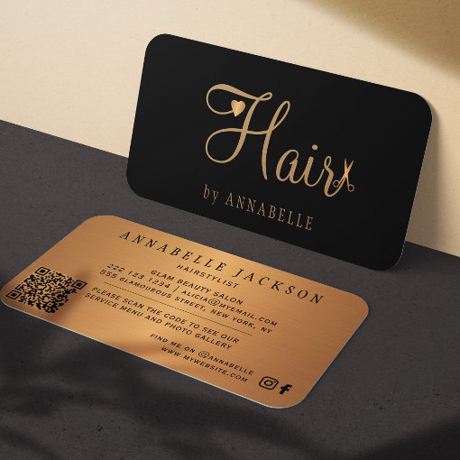 QR CODE hair salon black gold metallic hairstylist Business Card | Zazzle