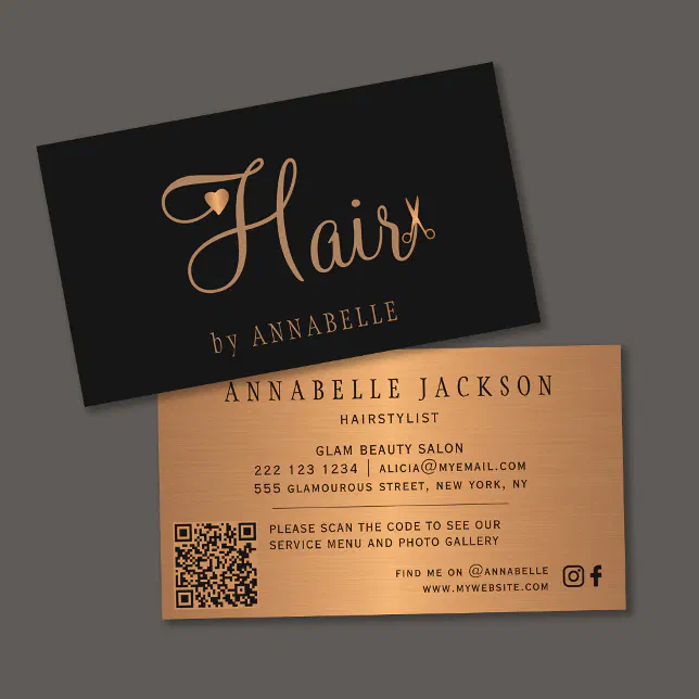 QR CODE hair salon black gold metallic hairstylist Business Card | Zazzle
