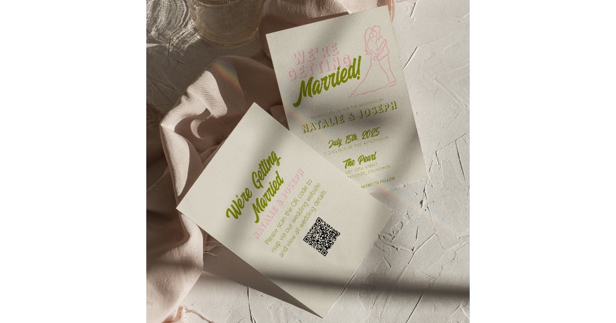 QR Code Hand Drawn Colorful Retro Funky Wedding Invitation | Zazzle