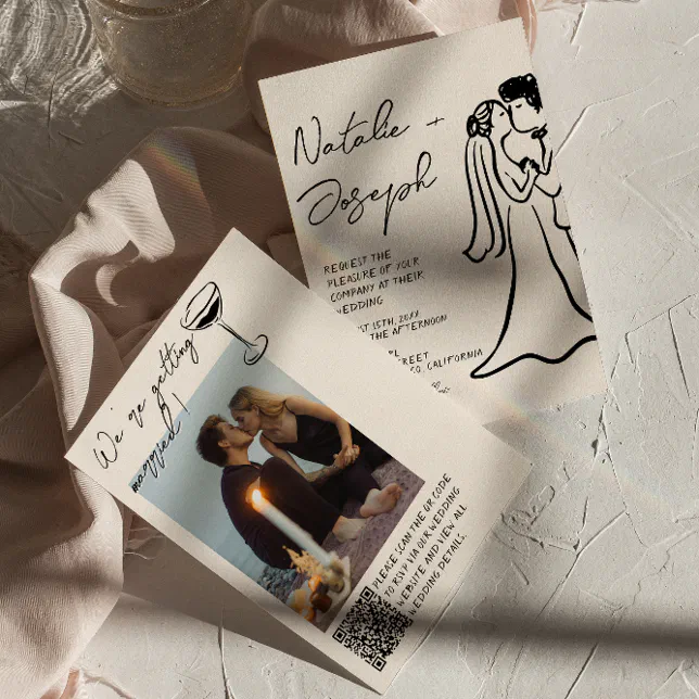 QR Code Hand Drawn Written Couple Photo Wedding Invitation | Zazzle