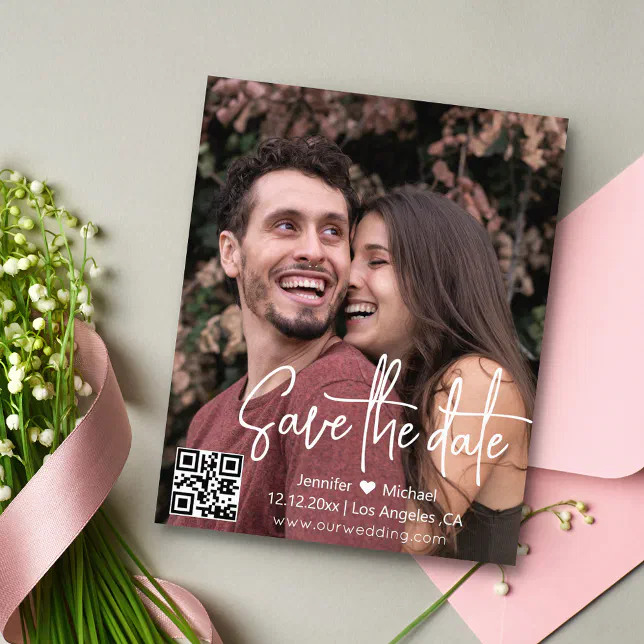 qr code handwriting couple photo save the date flyer | Zazzle