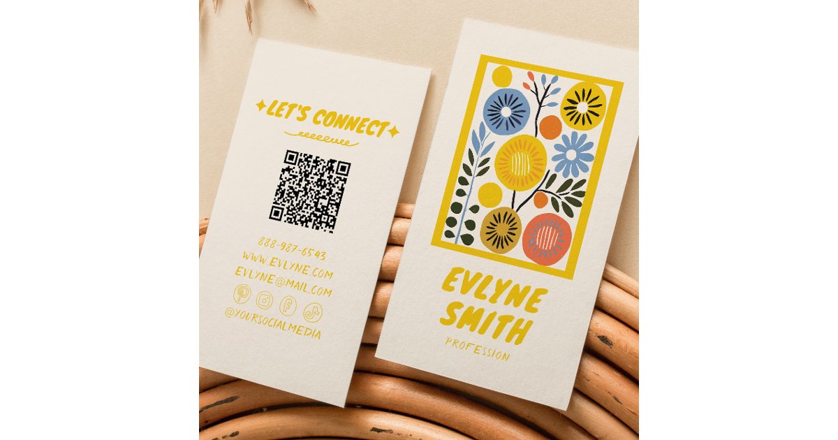 QR Code Handwritten Drawn Yellow Bold Retro Floral Business Card | Zazzle