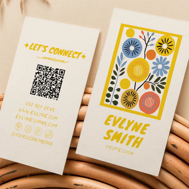 QR Code Handwritten Drawn Yellow Bold Retro Floral Business Card | Zazzle