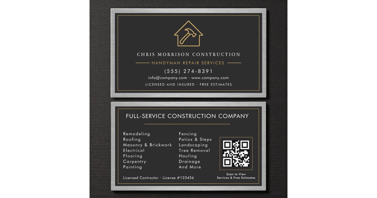QR Code Handyman Metal Construction Black Gold Business Card | Zazzle