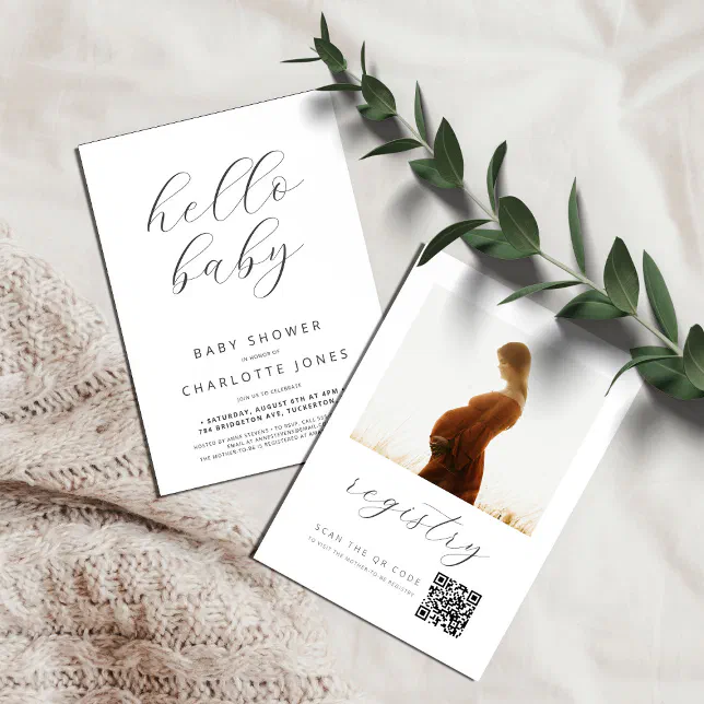QR Code Hello Baby Modern Photo Baby Shower Invitation | Zazzle