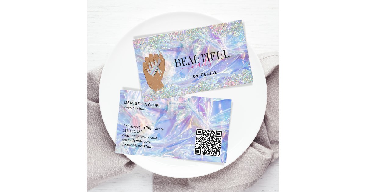 QR Code holographic nail salon woman hand nails Business Card | Zazzle