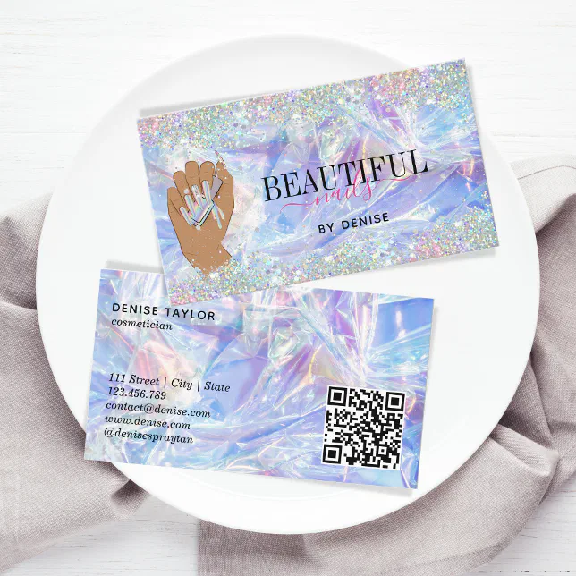 QR Code holographic nail salon woman hand nails Business Card | Zazzle