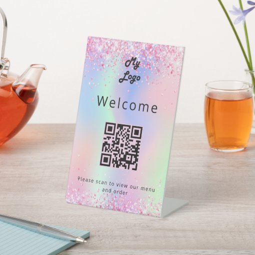 QR code holographic restaurant diner bar menu Pedestal Sign | Zazzle