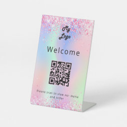QR code holographic restaurant diner bar menu Pedestal Sign | Zazzle