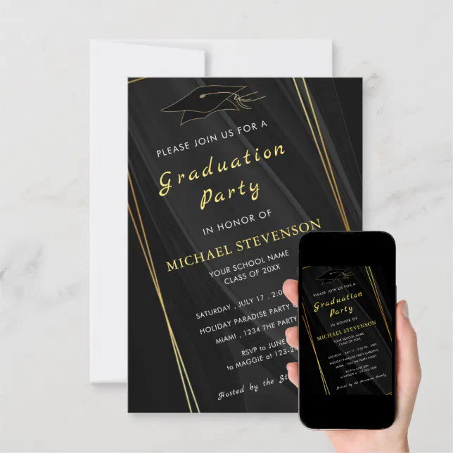 QR Code Info Gold Black Graduation Invitation Card | Zazzle