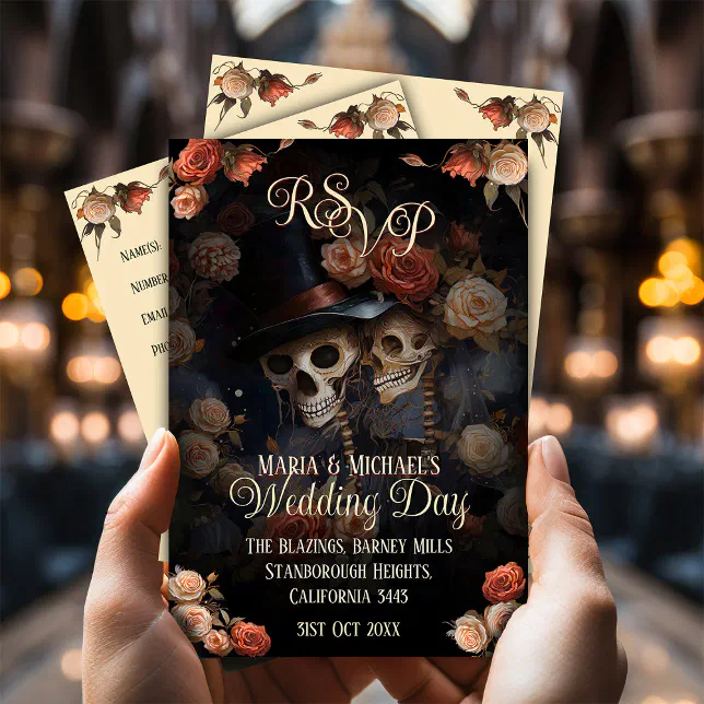 QR Code Kissing Skeletons RSVP Gothic Wedding Enclosure Card | Zazzle