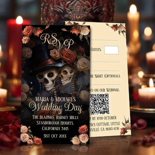 QR Code Kissing Skeletons RSVP Gothic Wedding Enclosure Card | Zazzle