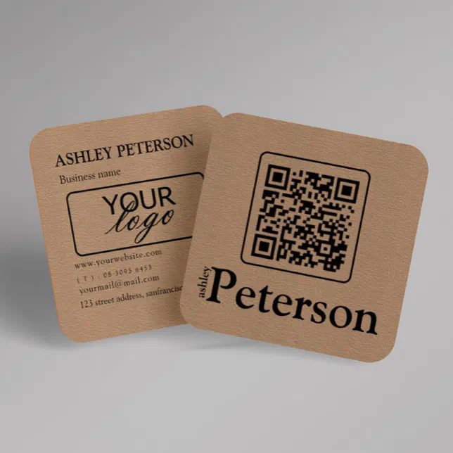 QR code kraft paper custom logo Square Business Card | Zazzle