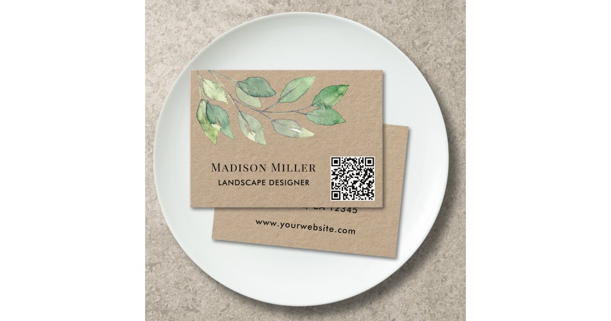 QR Code Landscape Designer Watercolor Greenery Business Card | Zazzle