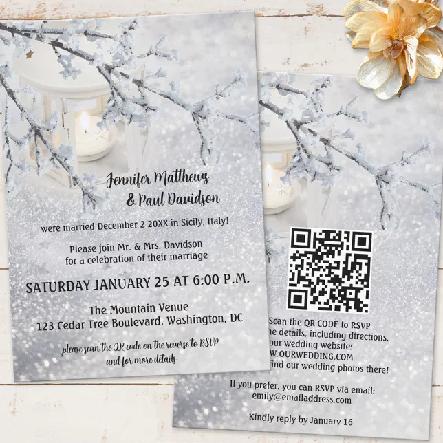QR Code Lantern Snow Winter Wedding Reception Only Invitation | Zazzle