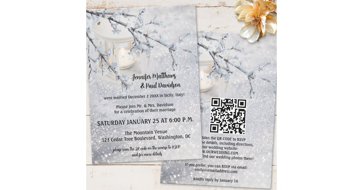 QR Code Lantern Snow Winter Wedding Reception Only Invitation | Zazzle