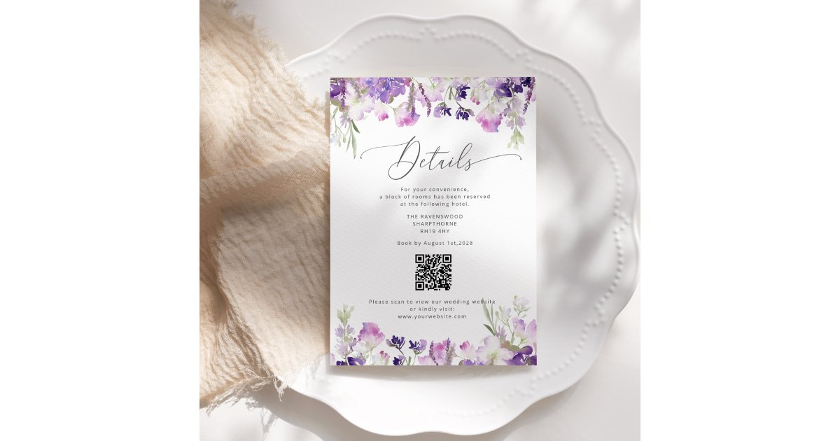 QR code lavender elegant wedding details Enclosure Card | Zazzle