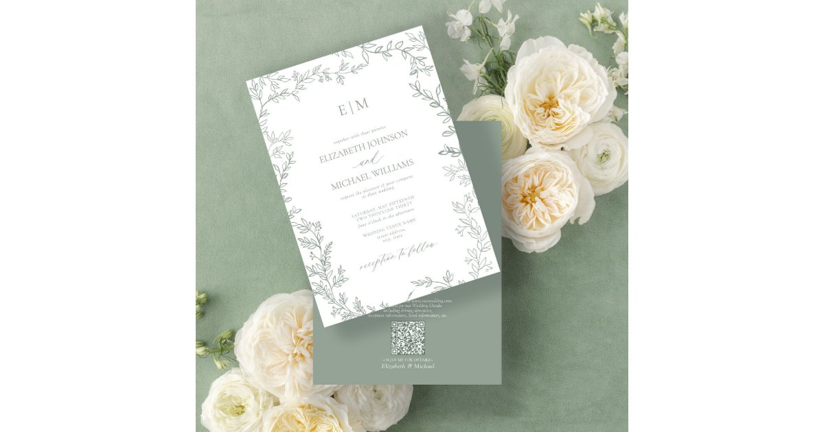 QR Code Leaf Sage Green Elegant Monogram Wedding Invitation | Zazzle QR Code Leaf Sage Green Elegant Monogram Wedding Invitation | Zazzle