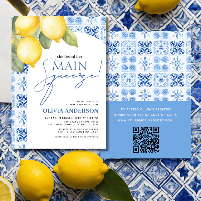 QR Code Lemon Main Squeeze Bridal Shower Invitatio Invitation | Zazzle