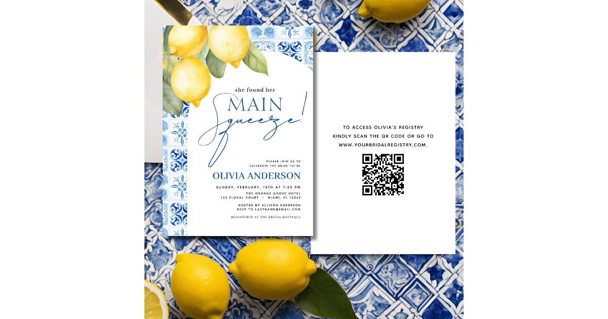 QR Code Lemon Main Squeeze Bridal Shower Invitation | Zazzle