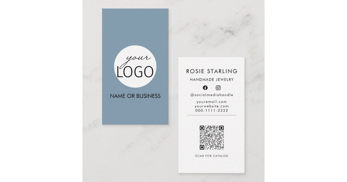 QR Code Light Blue Professional Logo Vertical Business Card | Zazzle