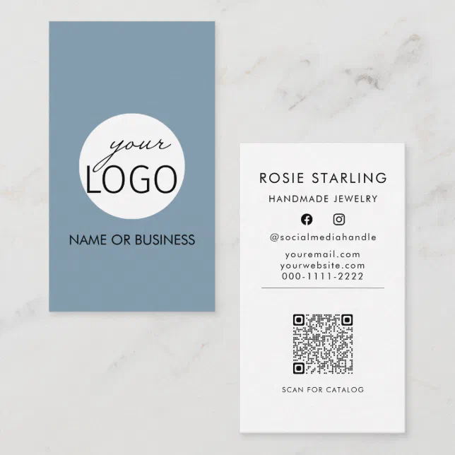 QR Code Light Blue Professional Logo Vertical Business Card | Zazzle