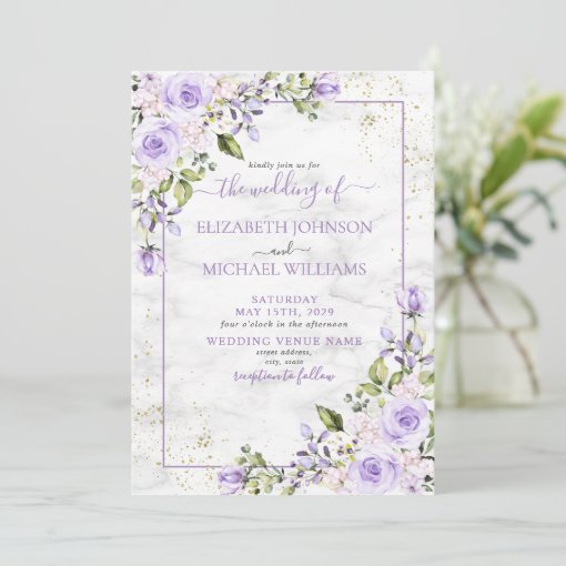 QR Code Lilac Lavender Gold Marble Floral Wedding Invitation | Zazzle