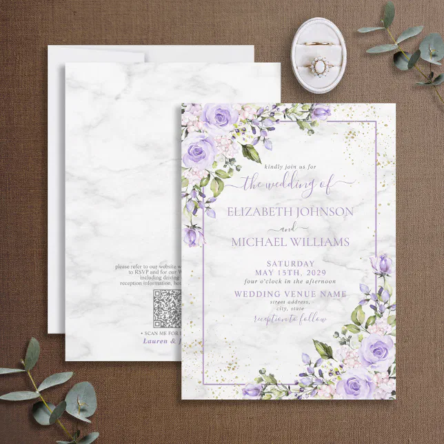 QR Code Lilac Lavender Gold Marble Floral Wedding Invitation | Zazzle