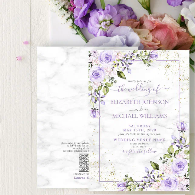 QR Code Lilac Lavender Gold Marble Floral Wedding Invitation | Zazzle