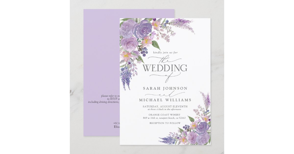 QR Code Lilac Lavender Mauve Script Floral Wedding Invitation | Zazzle